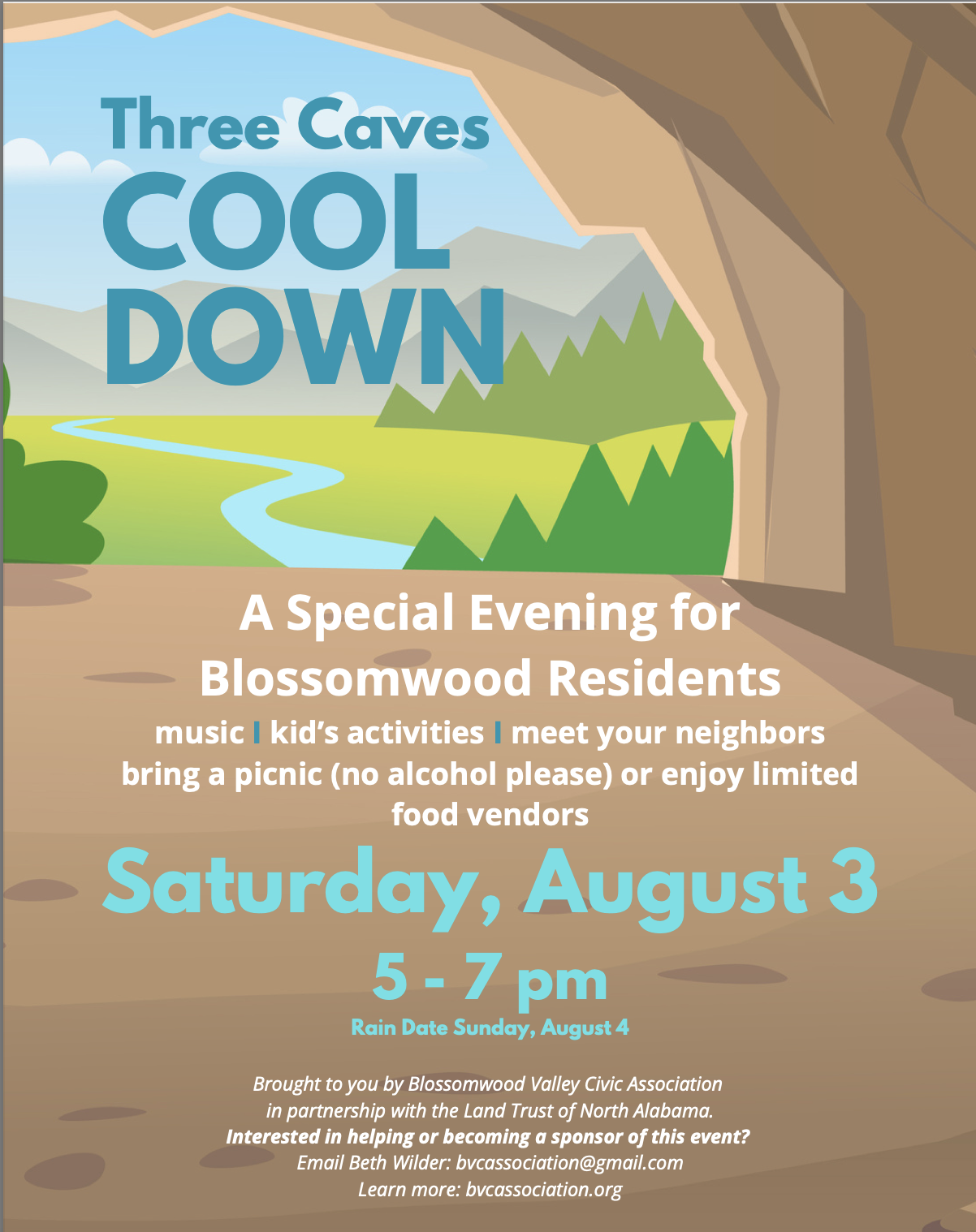 Join us at the “Three Caves Cool Down”! Meet your Blossomwood neighbors ...